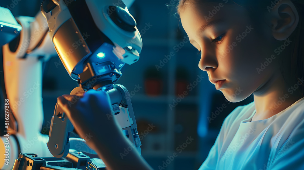 Kid female teen child enjoy Machine Learning Robot arm is Moving Under ...