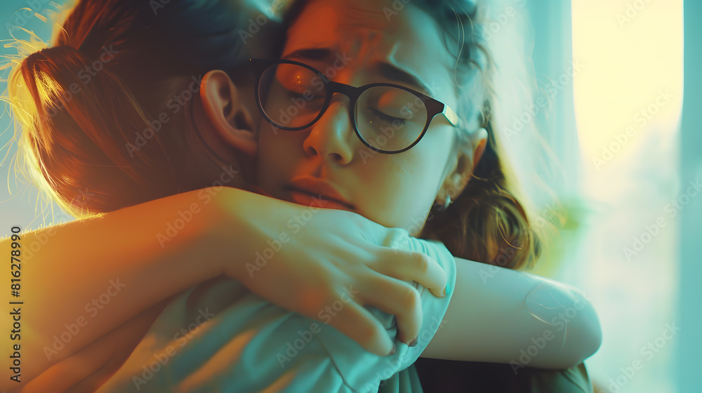 Concerned mother hugging upset teenager daughter child at home Mom ...