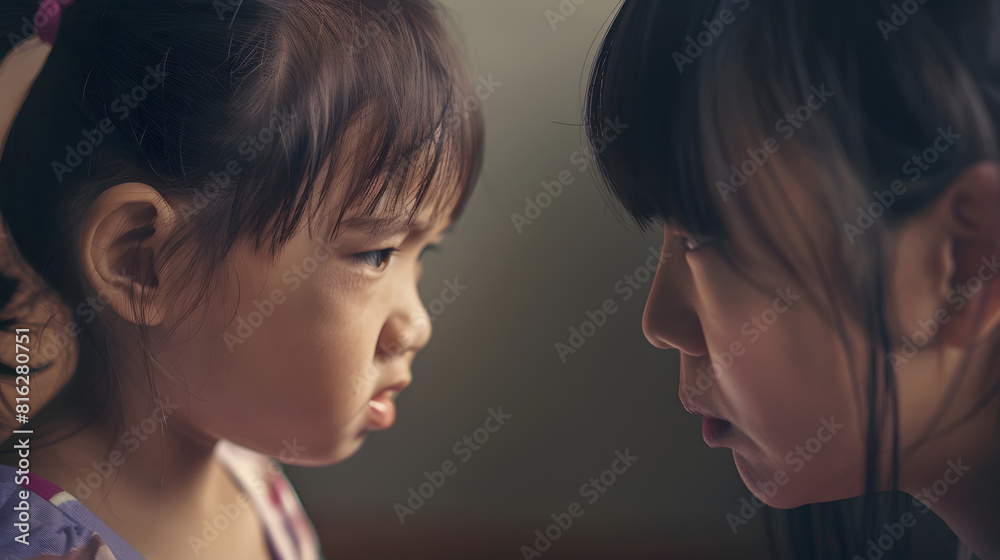 Angry asian kidLittle asian girl looking at her mother and fighting ...
