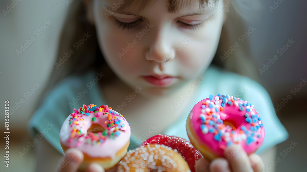 Diet for kids sad and unhappy child Child reaches donuts Tasty food for ...