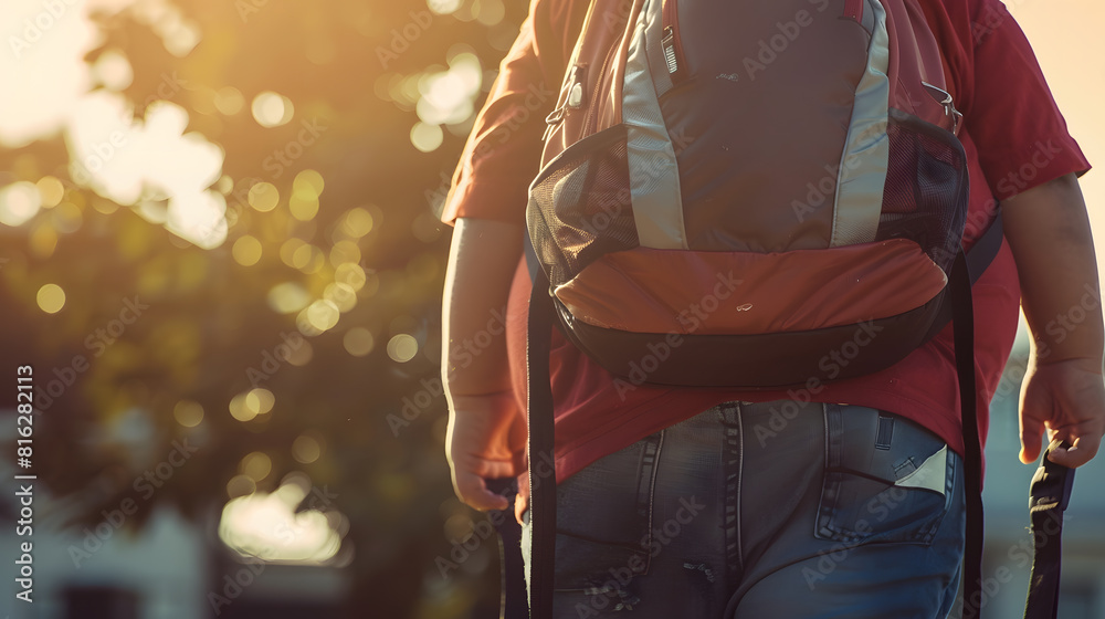 Childhood obesity concept Boy with school bag with big belly ...