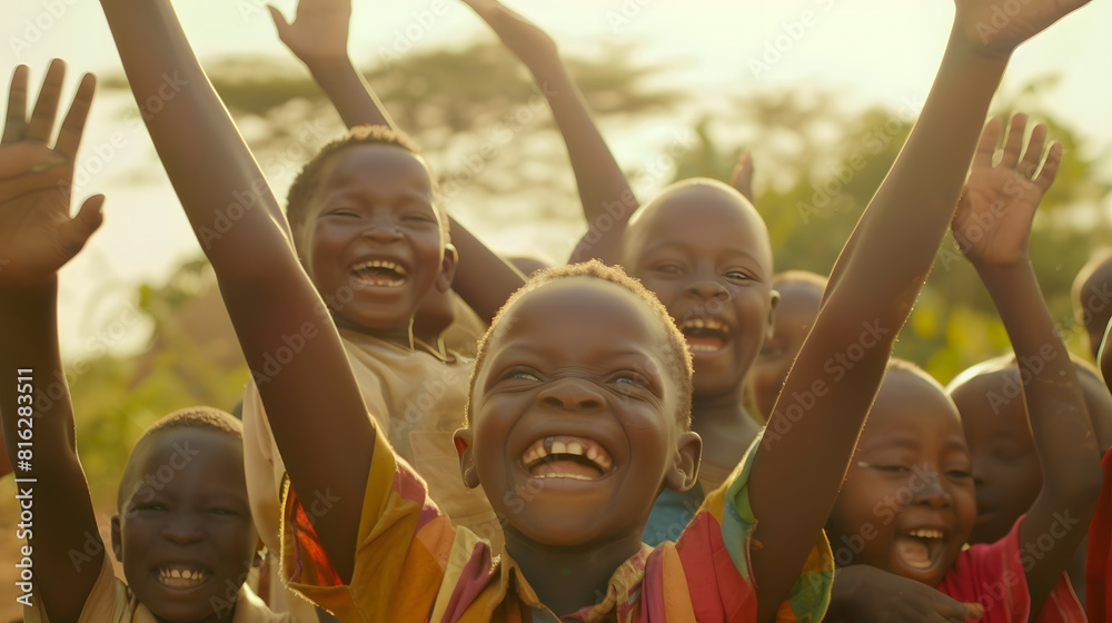 A Group Of African Children Laughing Jumping And Waving in Rural Area ...
