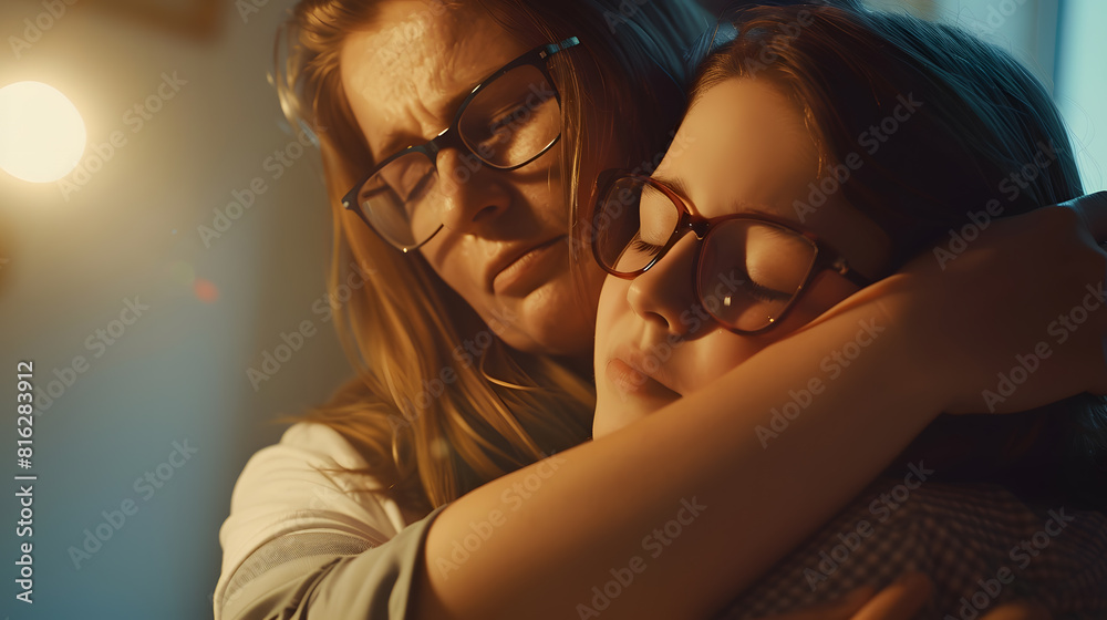 Concerned mother hugging upset teenager daughter child at home Mom ...