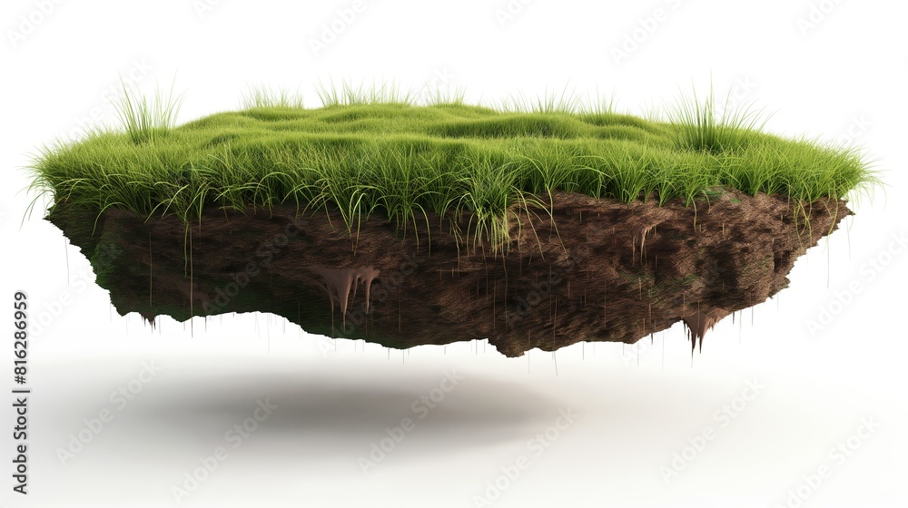 Floating island with lake and waterfalls, trees, green grass, river ...