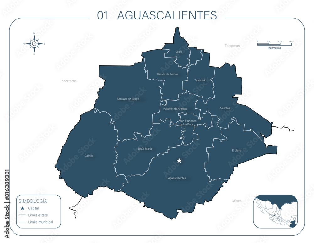 Mapa de la Aguascalientes editable por municipio, recurso grafico ...