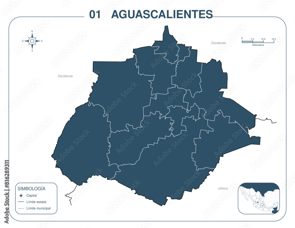 Mapa de la Aguascalientes editable por municipio, recurso grafico ...