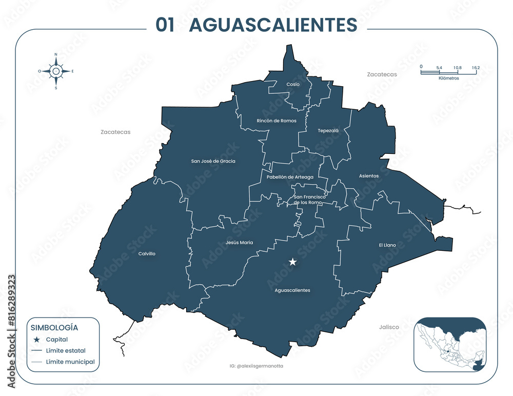 Mapa de la Aguascalientes editable por municipio, recurso grafico ...