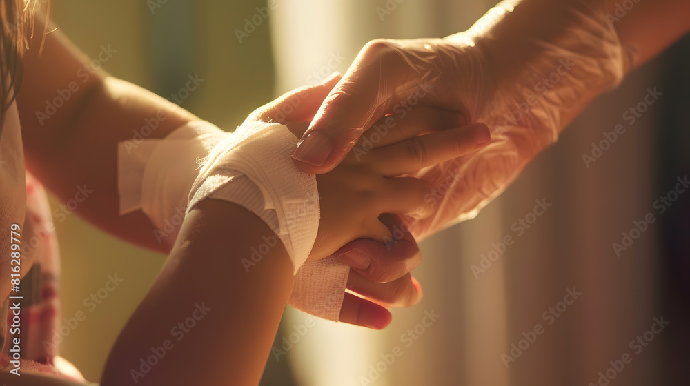 Doctor ties bandage around childs wrist as first aid for sprains or ...