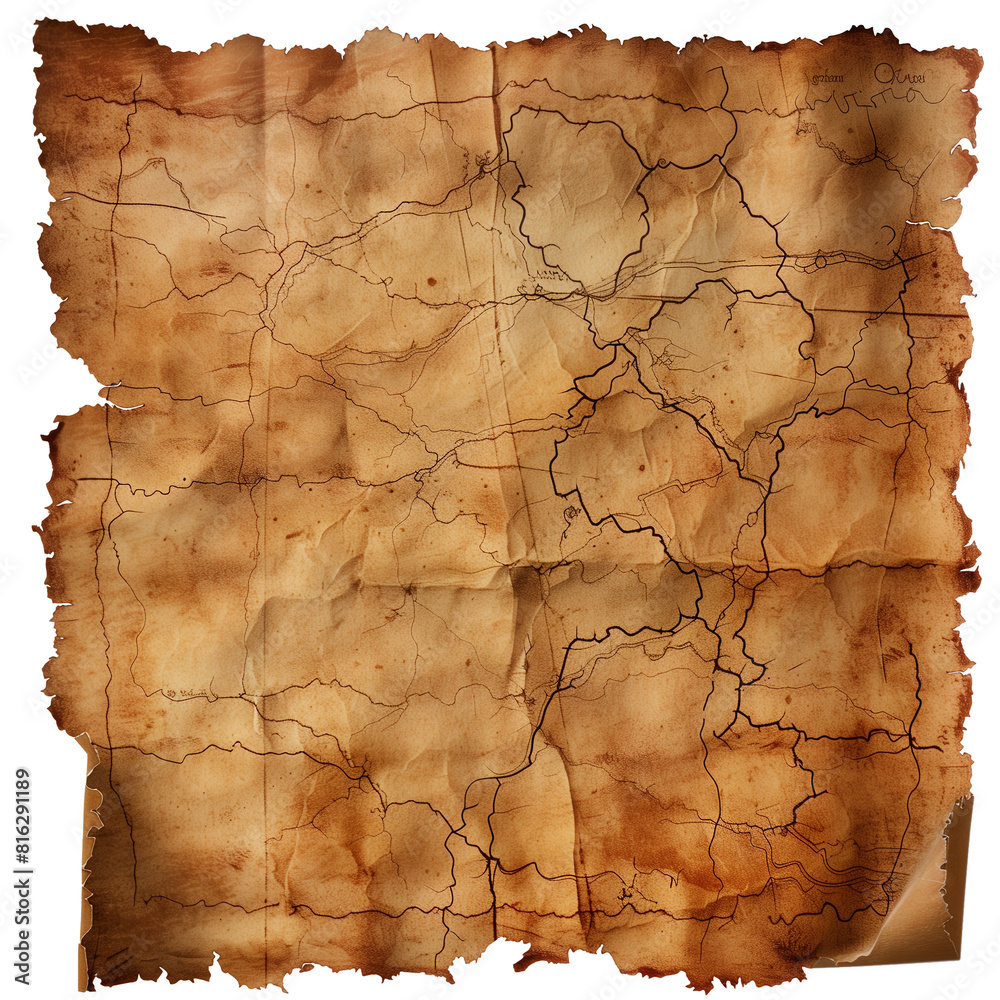 an old, weathered, and cracked piece of parchment or paper map. It has ...
