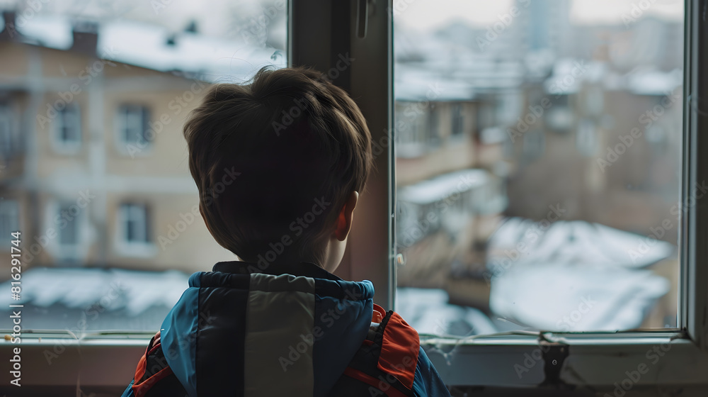 Little refugee child looking at the window Back view on alone kid in ...
