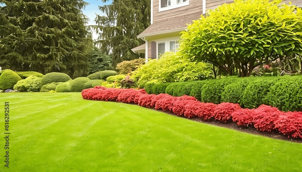 Beautiful manicured lawn & flowerbed with shrubs in sunshine ...