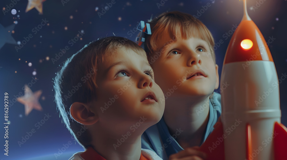 Children playing with toy rocket and dreaming of becoming a spacemen ...