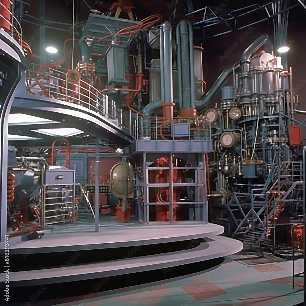 Indoor color photograph of 1950s sci fi movie set crowded with props of ...