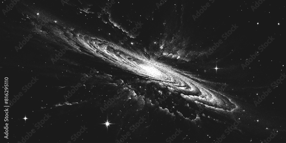 Deep space scene background in stippling style with huge glowing spiral ...