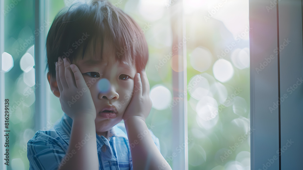 Little Asian boy stand by window cry and cover ears feeling fear ...