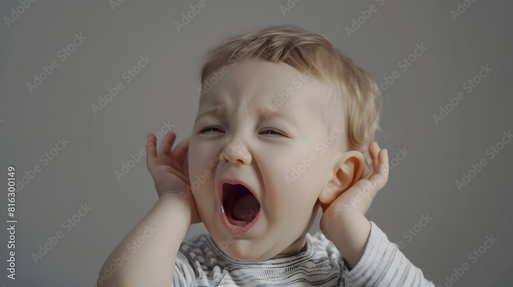 Little toddler boy has earache when insects inside isolated on grey ...