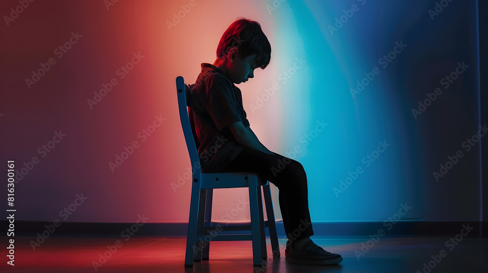Sad preteen boy sitting alone in chair facing wall depressedintrovert ...