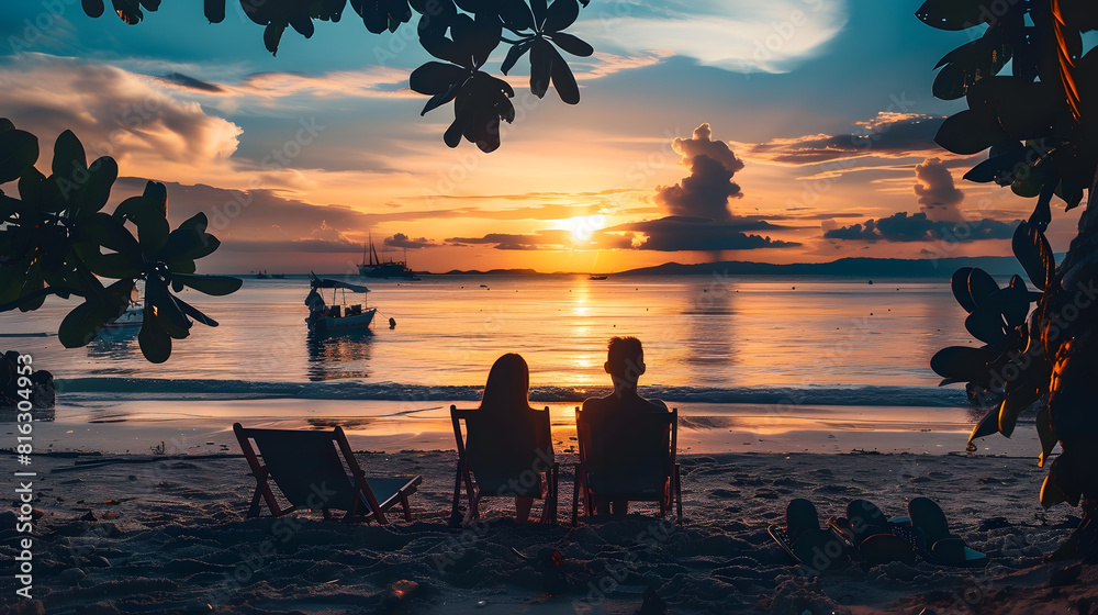 Love couple watching sunset together on beach travel summer holidays ...