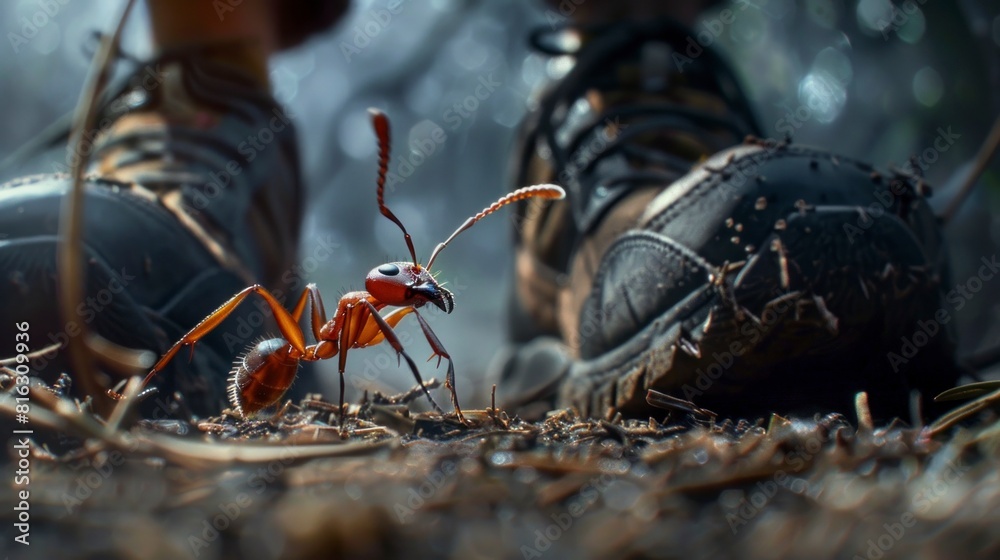 ant under a human with shoes on the ground. concept animals, ants ...