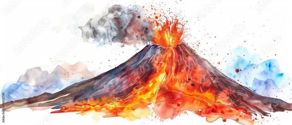 A watercolor of a spectacular volcano eruption viewed from a safe ...