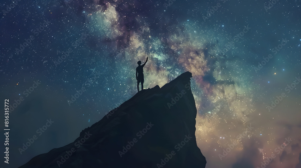 Lone person standing on top of rock pointing with hand towards the ...