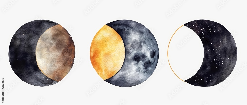 Set of watercolors depicting different phases of a solar eclipse, each ...