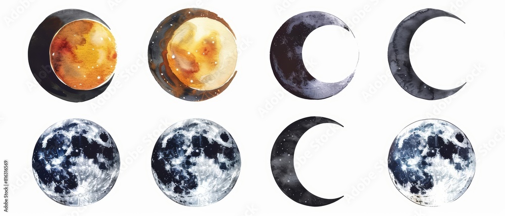 Set of watercolors depicting different phases of a solar eclipse, each ...