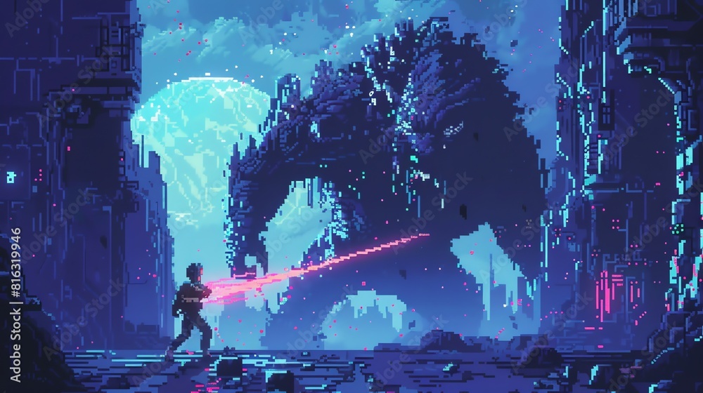 The image is a pixelated illustration of a man fighting a giant monster ...