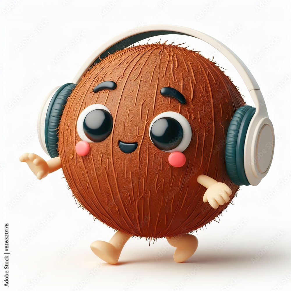cute 3D funny cartoon coconut with small wireless headphone on head ...