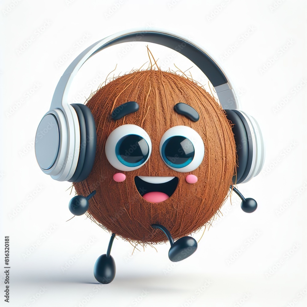 cute 3D funny cartoon coconut with small wireless headphone on head ...