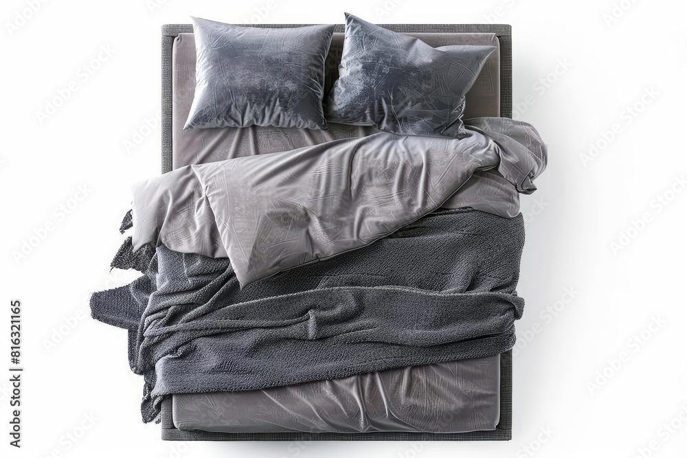 modern bed with gray bedding top view isolated on white background ...