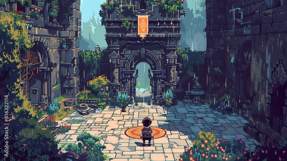 A pixel art image of a ruined city. The city is in disrepair, with ...