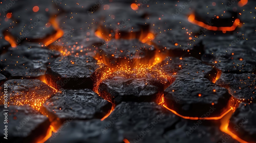 3d black abstract background with hexagon shapes, splashing fire ...