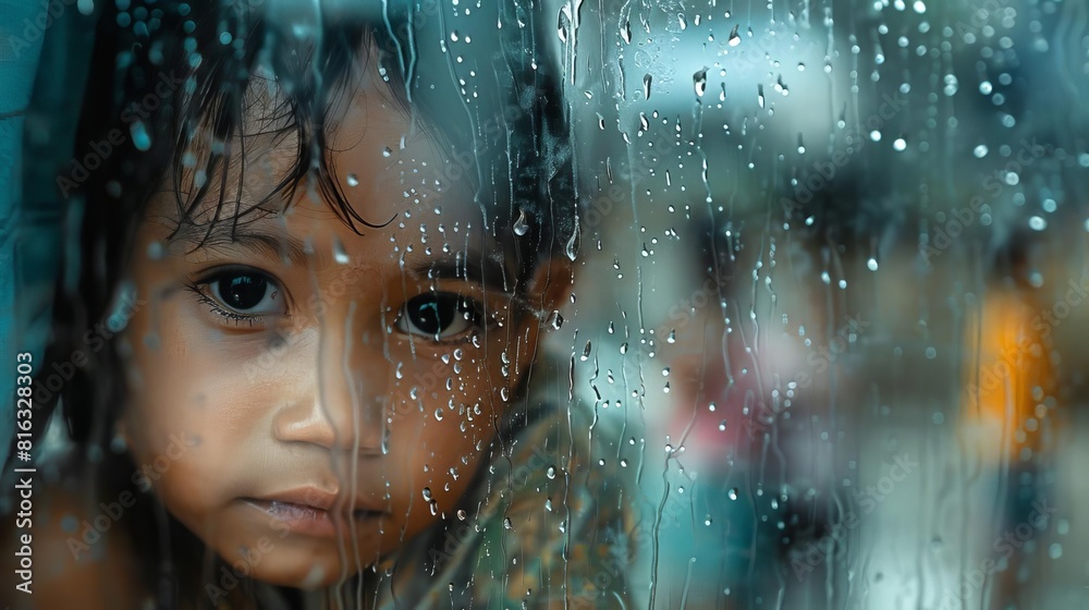 A touching scene of an orphan child peering out of a rainstreaked ...
