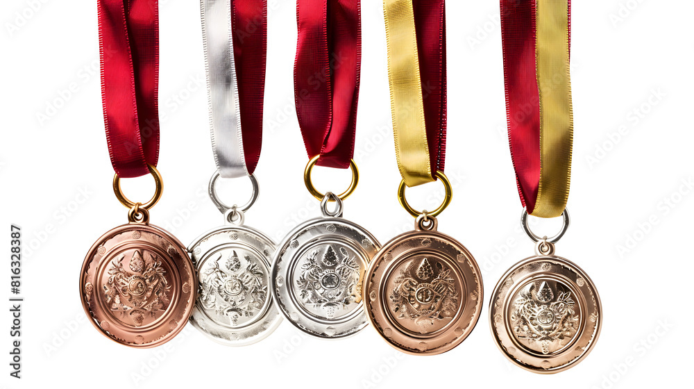 real Gold, silver and bronze medals hanging on red ribbons isolated on ...