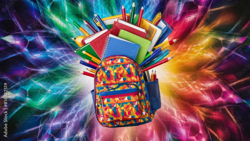 A visually striking image of a colorful school backpack with books and ...