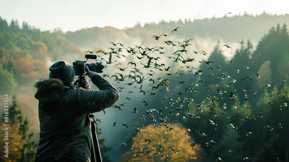 A wildlife photographer using a pantilt tripod head to track birds in ...
