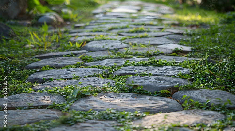 Garden stone path with grass growing up between the stones.Detail of a ...
