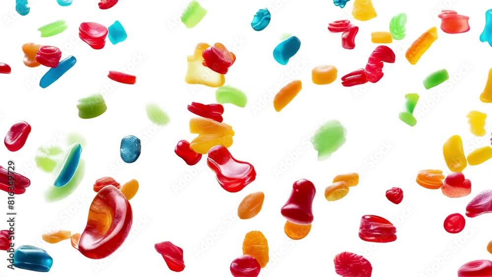 Colorful gummy candies falling against a white backdrop. Fun and ...
