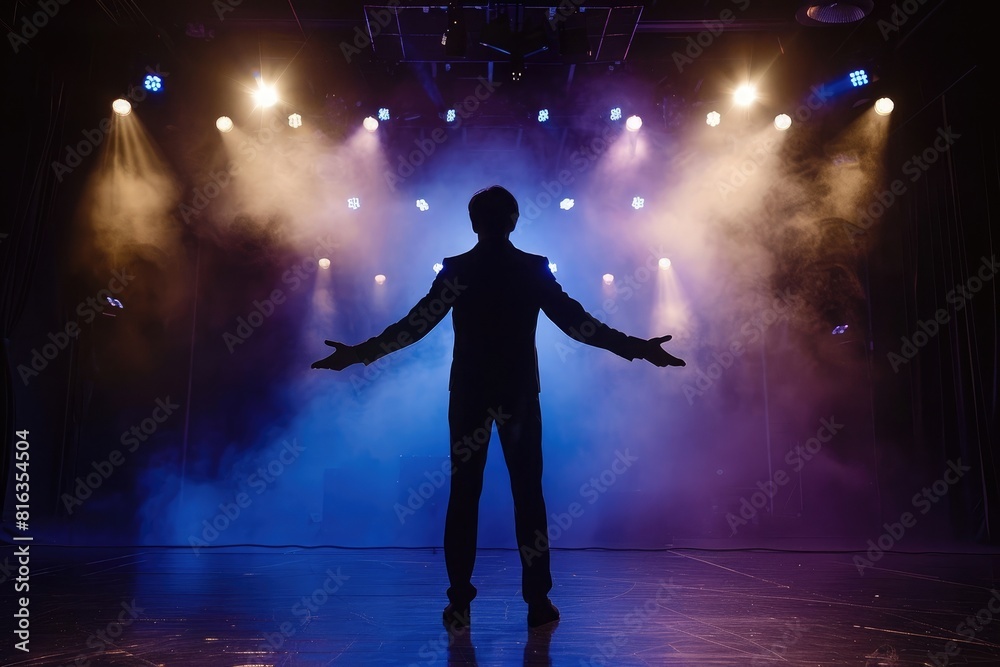 Back view of a young magician man doing a magic trick on stage, in ...