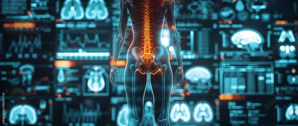 Illustration of orthopedic analysis technology, a pelvis and body scan ...