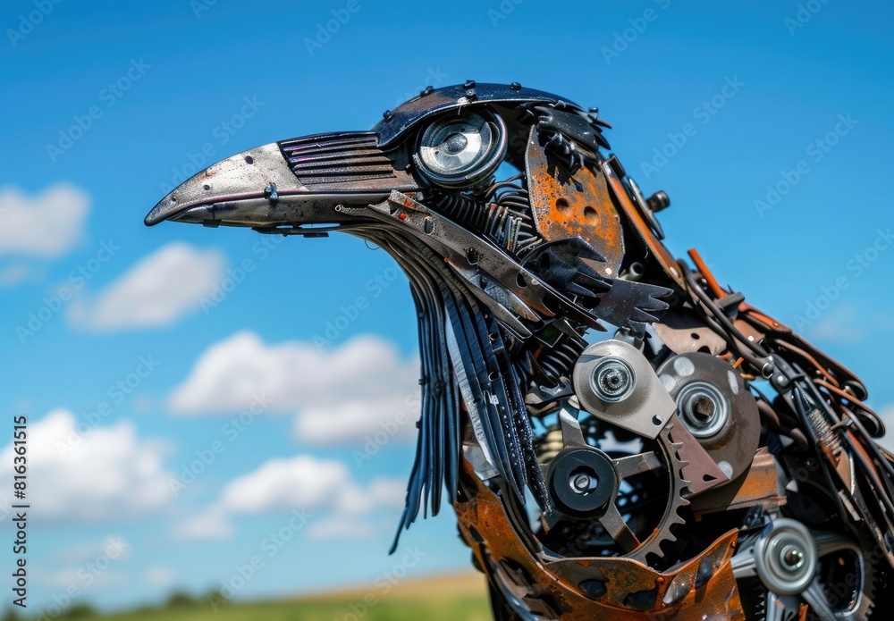 close up of crow made from scrap metal and parts, car headlights ...