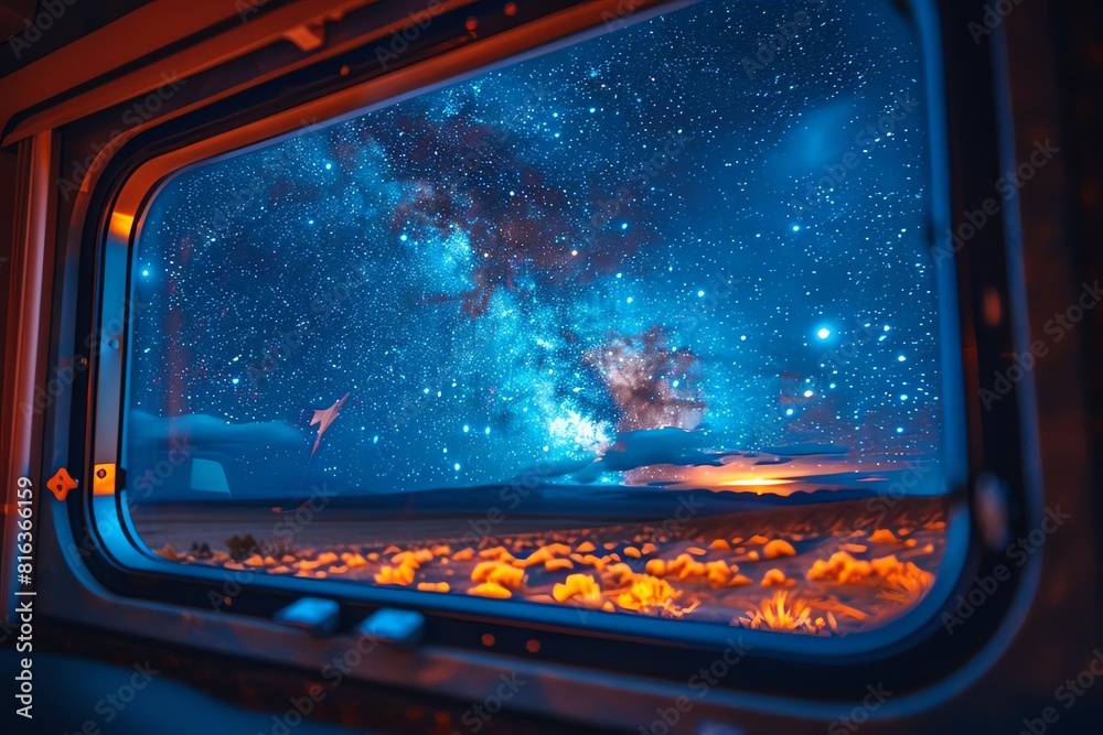 The photo shows a view of a planet from the window of a spaceship. The ...