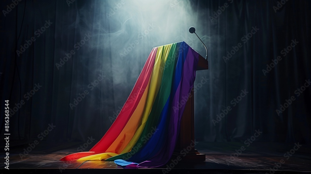 A symbolic image of a rainbow flag draped over a podium or lectern ...