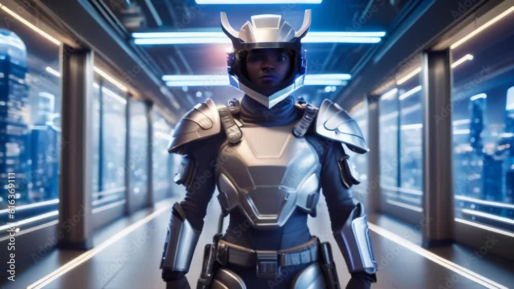 A futuristic armored soldier stands in a high-tech corridor ...