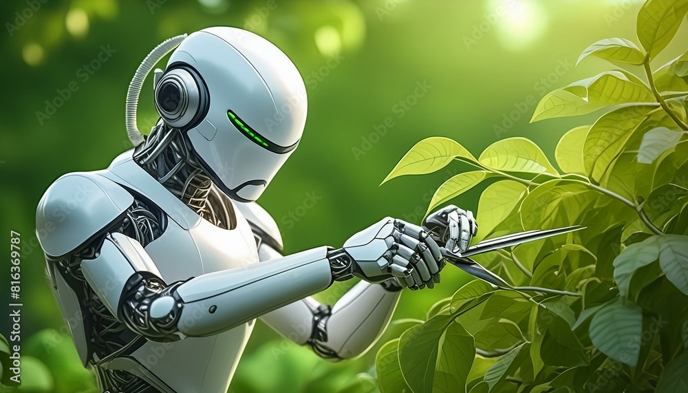A robot pruning a bush in a garden, with a focus on the cutting ...