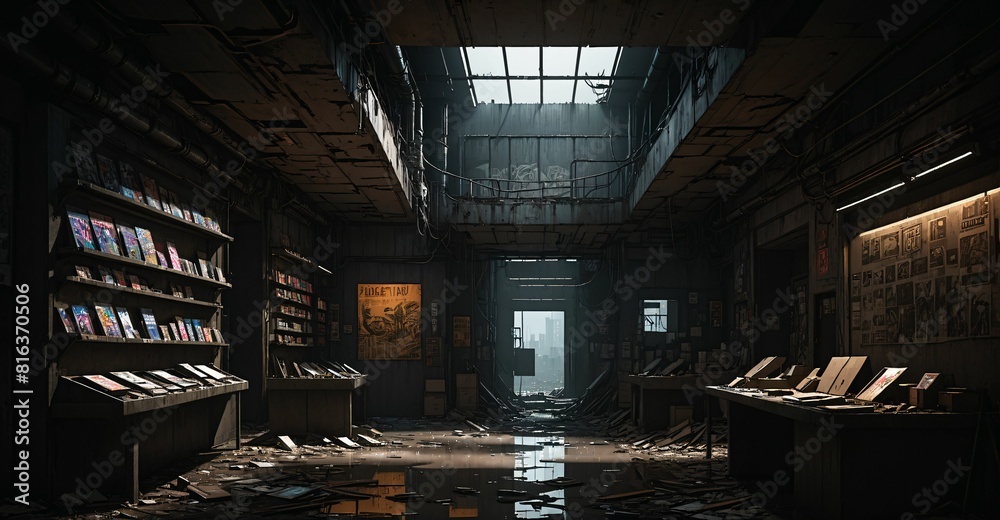 abandoned cyberpunk sci-fi dystopian library shop. lo-fi futuristic ...