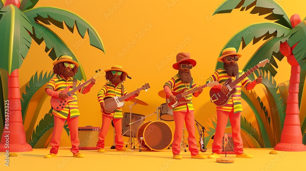 Reggae band flat design front view beach theme 3D render Tetradic color ...