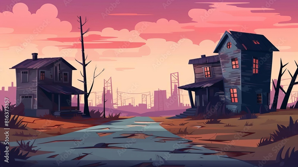 Ghost town flat design front view abandoned spooky locale theme ...