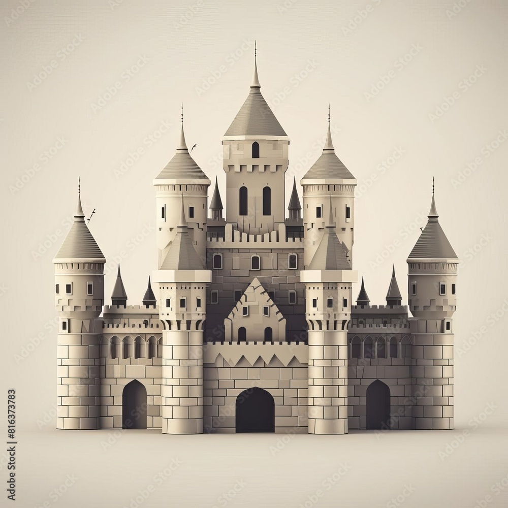 Medieval castle flat design side view historical theme 3D render ...